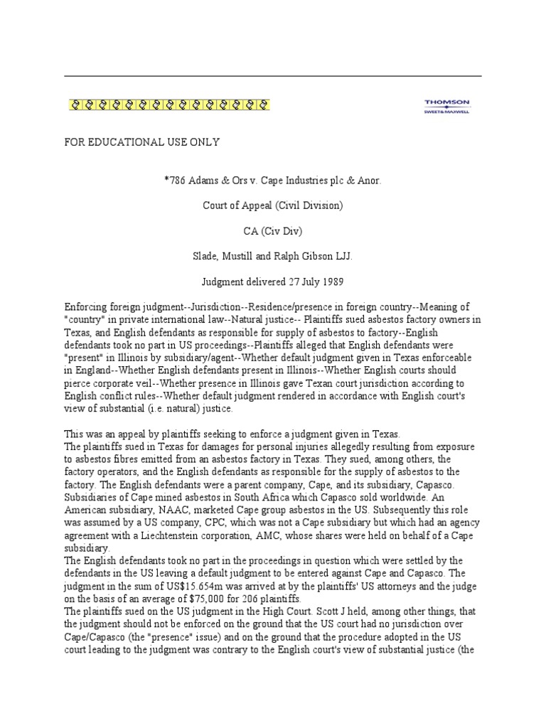 Adams V.cape Industries | PDF | Judgment (Law) | Lawsuit