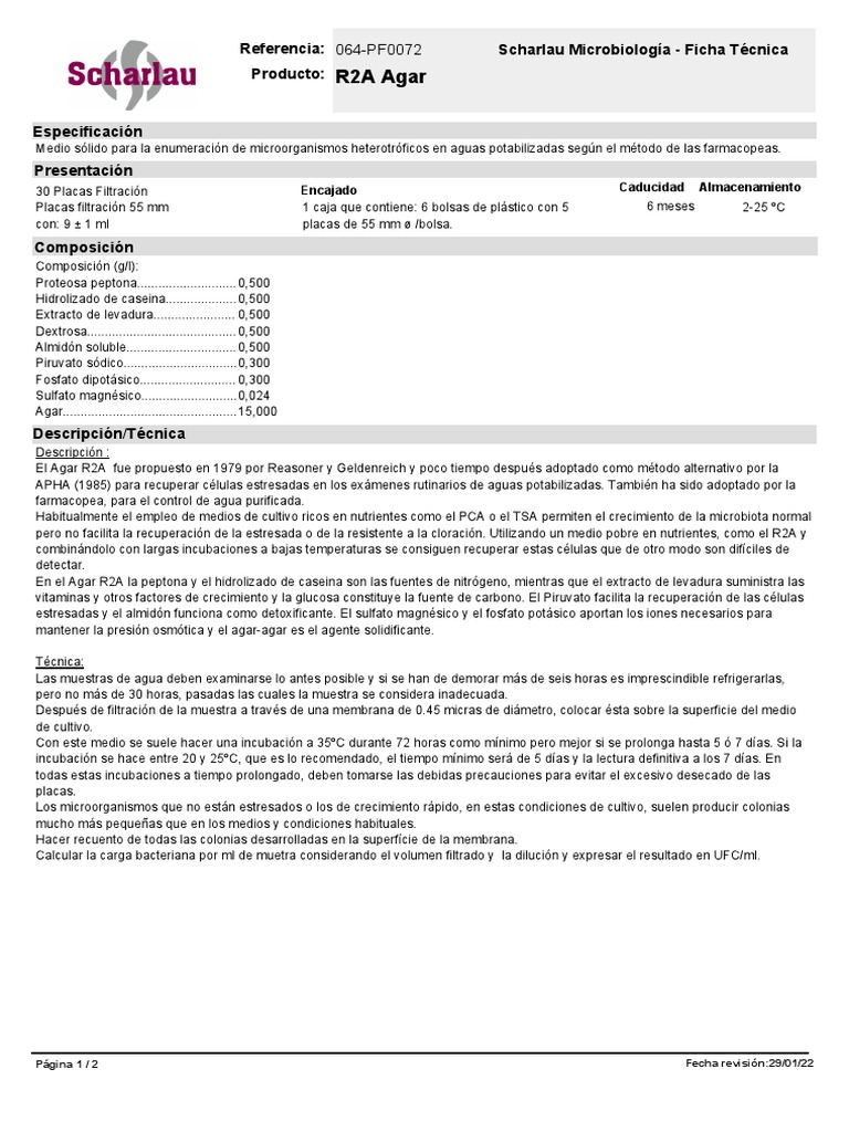 R2A Agar: Referencia: Producto: Scharlau Microbiología - Ficha Técnica | PDF | Agar | Microbiología