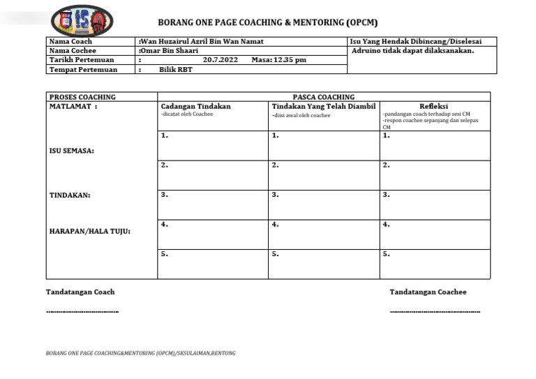 Borang One Page Coaching & Mentoring (Opcm) | PDF