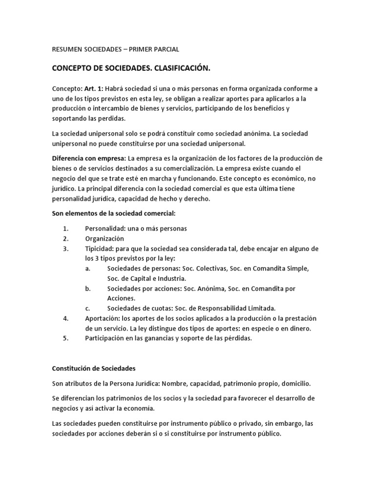 Resumen Sociedades 1 Parcial | PDF | Sociedad de responsabilidad limitada | Bienes (Ley)