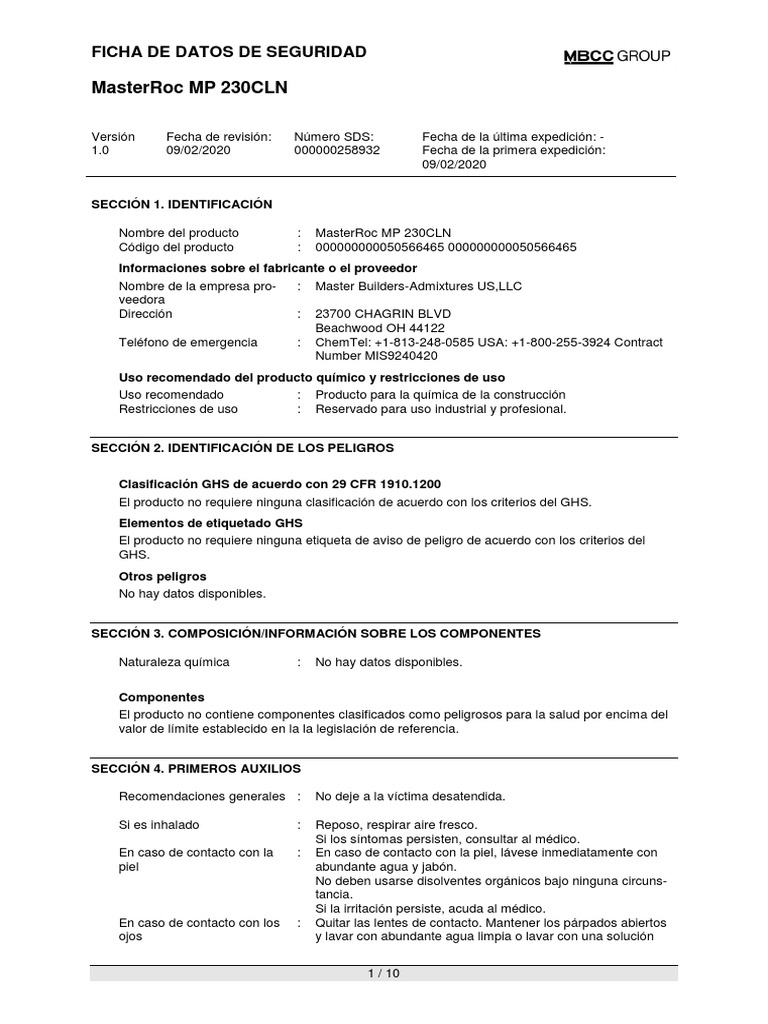 MSDS005.FD - Masterroc MP 230cln Sds | PDF | Toxicidad | Agua