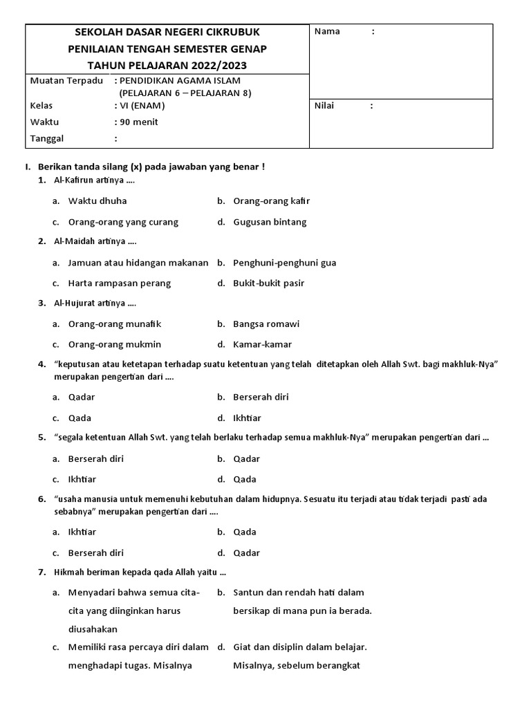 Soal PTS PAI Kelas 6 Genap K13 | PDF