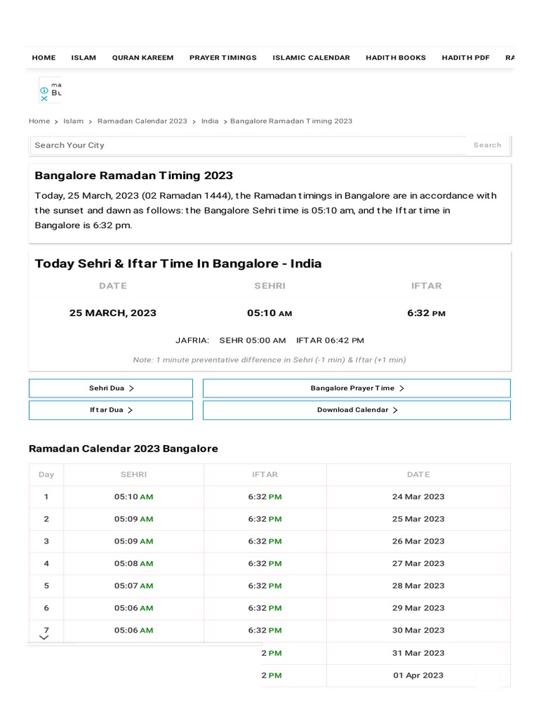 Bangalore Ramadan Timings 2023 Calendar, Sehri & Iftar Time Table | PDF | Ramadan | Islamic ...