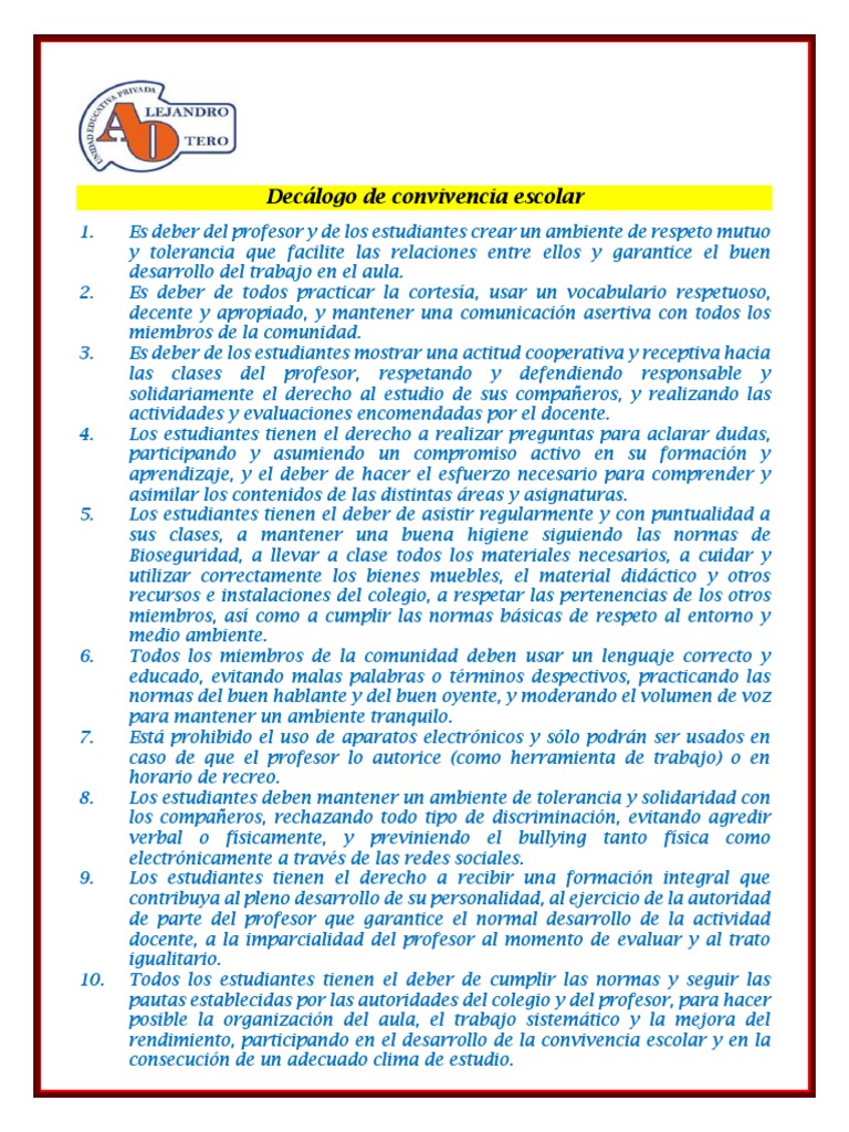 Decálogo de Convivencia Escolar | PDF | Maestros | Salón de clases