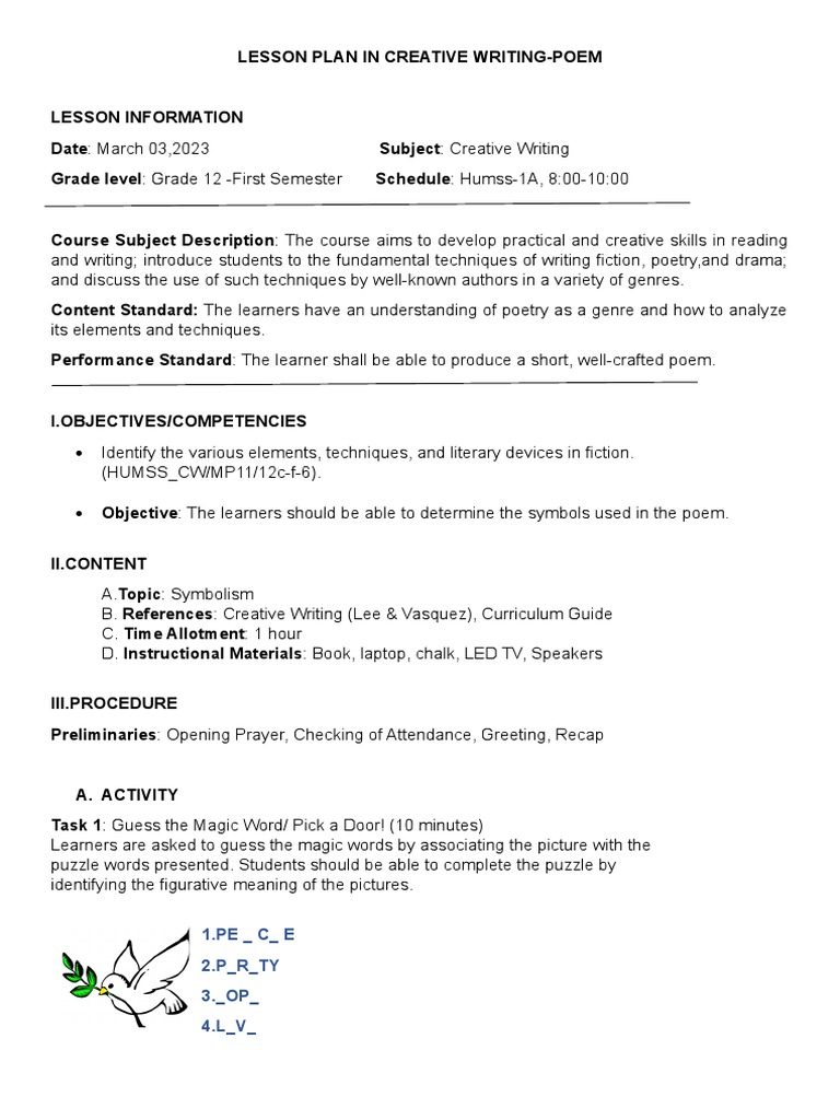 Grade 12 Creative Writing Lesson Plan | PDF | Poetry | Learning