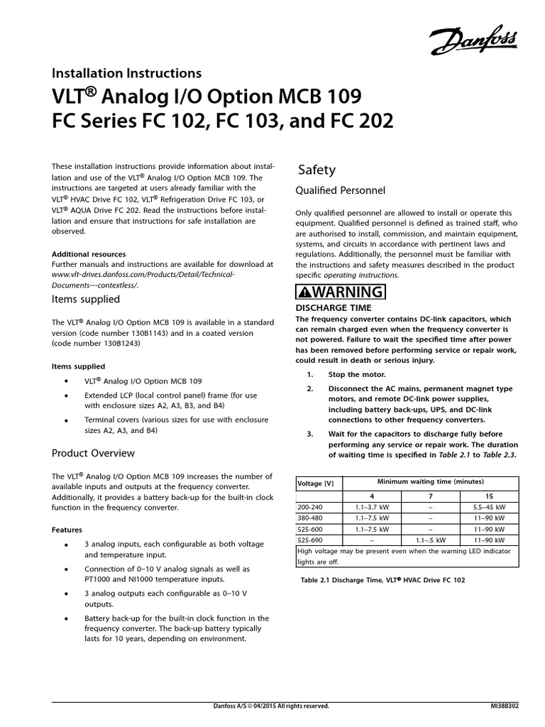 VLT Analog I/O Option MCB 109 FC Series FC 102, FC 103, and FC 202 ...