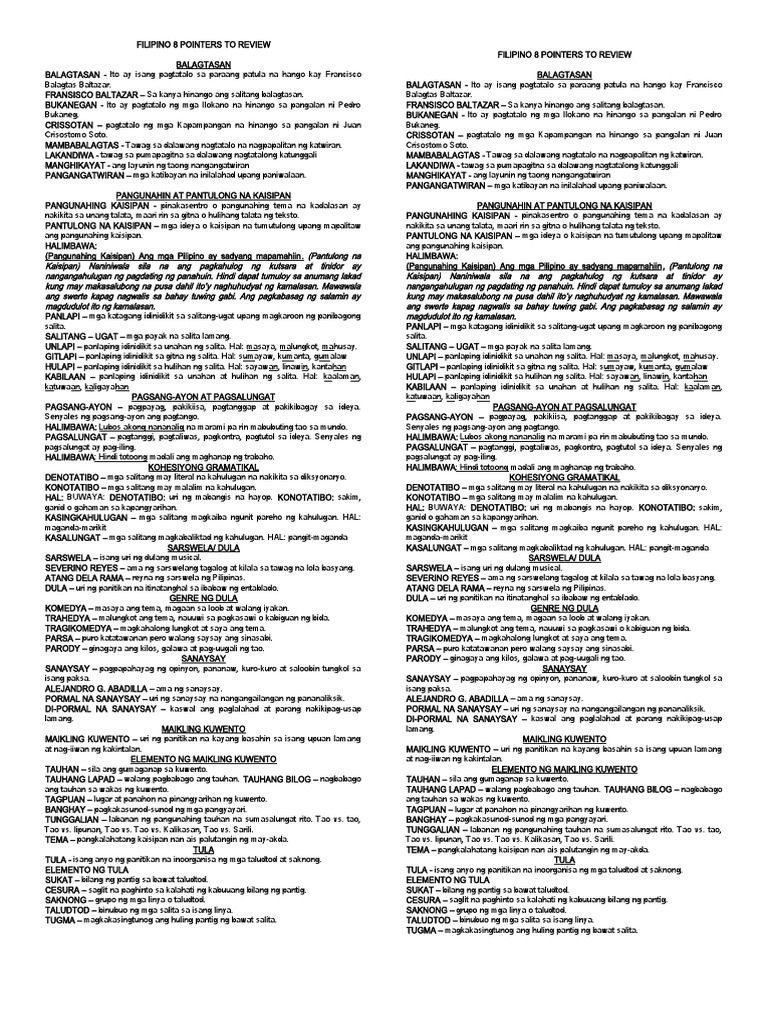 Filipino 8 Pointers To Review Second Quarter | PDF