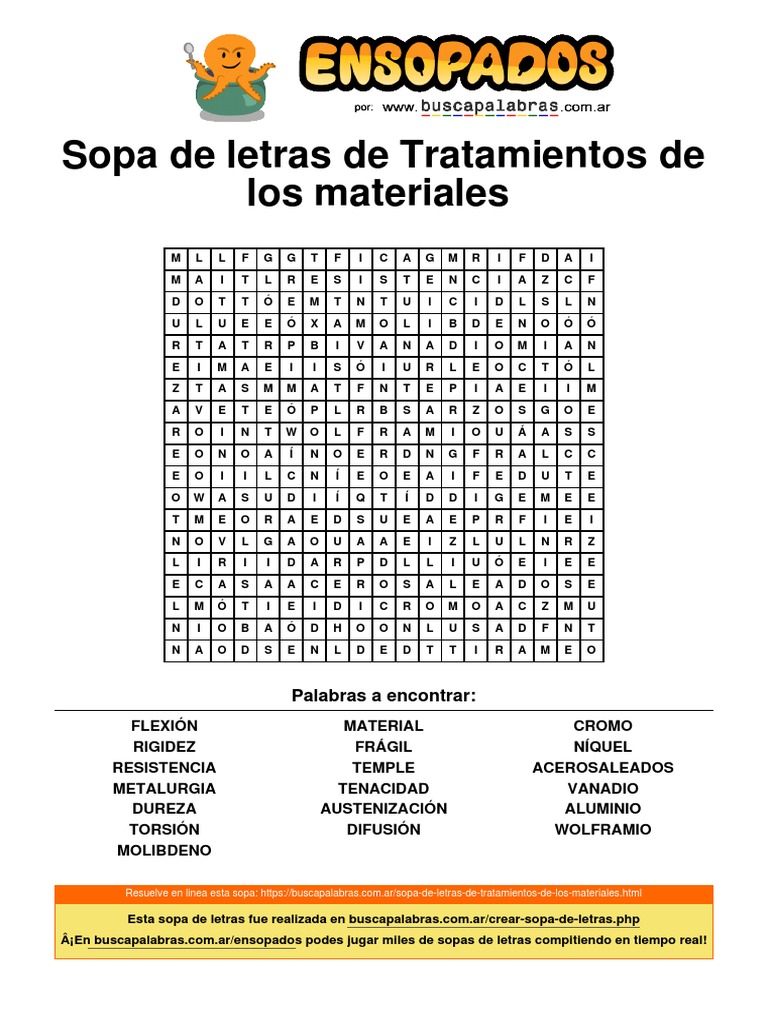 Sopa de Letras de Tratamientos de Los Materiales | PDF | Ciencia de los ...