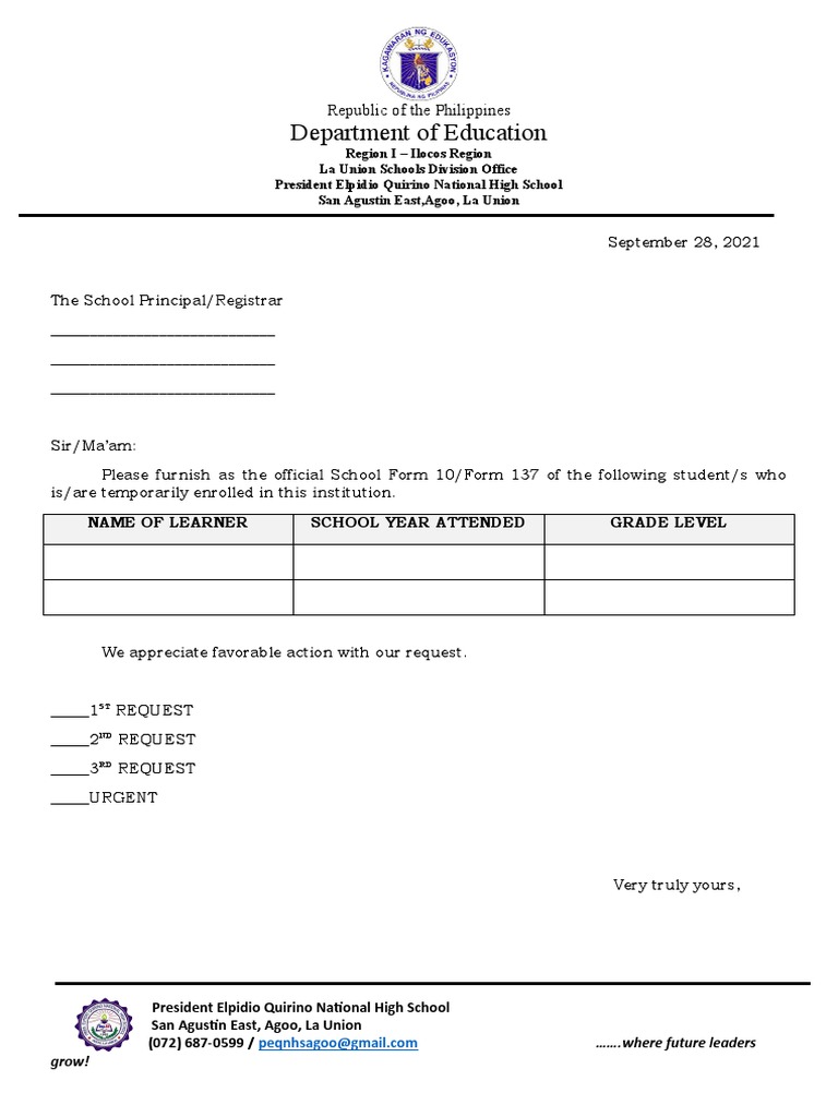 Form 137 Request Letter | Download Free PDF | Philippines | Government