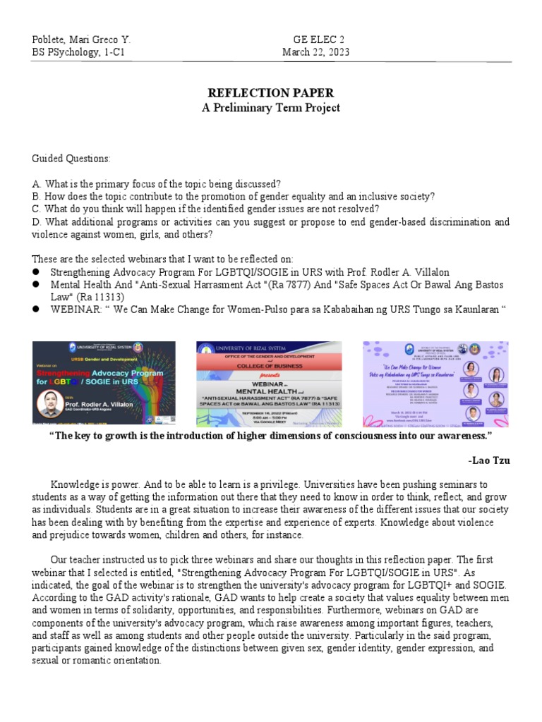 Ge Elec 2 Reflection Paper | PDF | Sexual Harassment | Gender