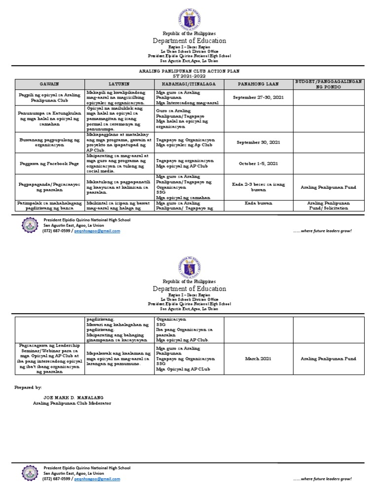 Araling Panlipunan Club Action Plan | PDF