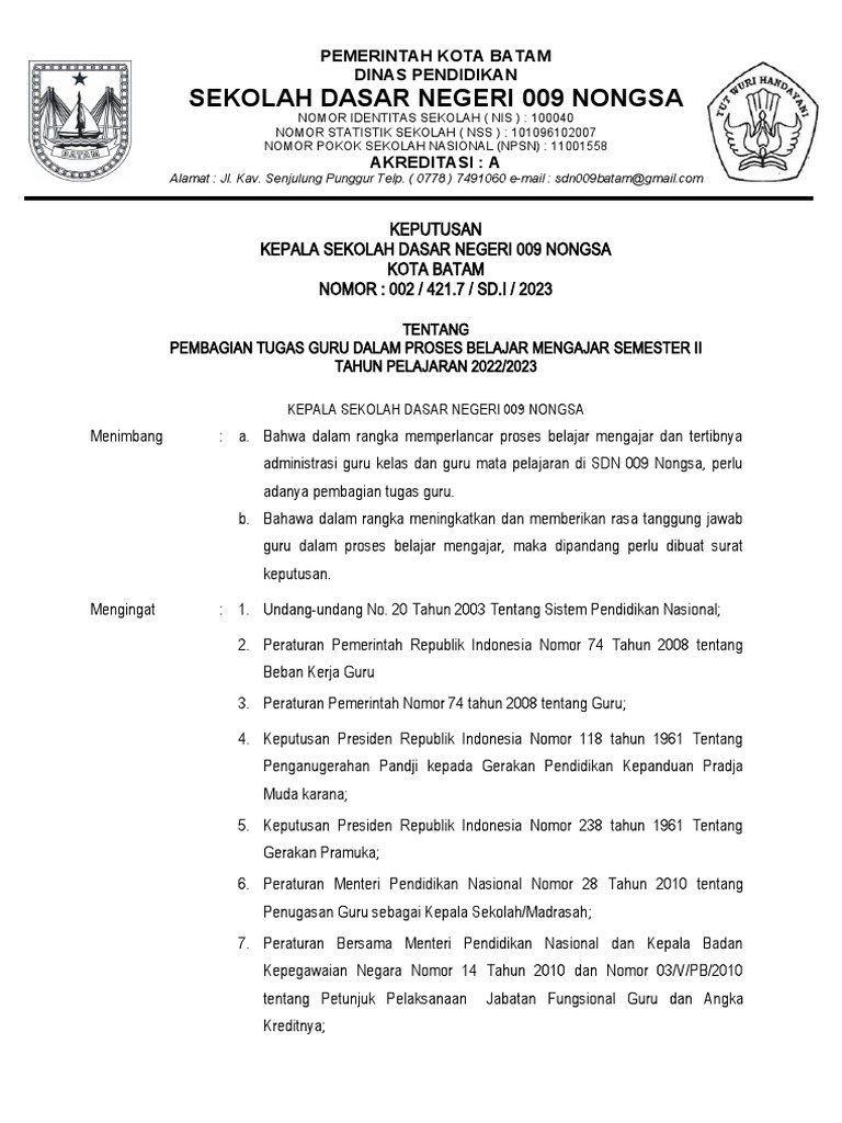 SK Pembagian Tugas 2022-2023 S1 | PDF