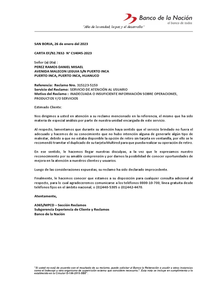 Respuesta a Reclamo por Información Insuficiente | PDF | Negocios | Derecho