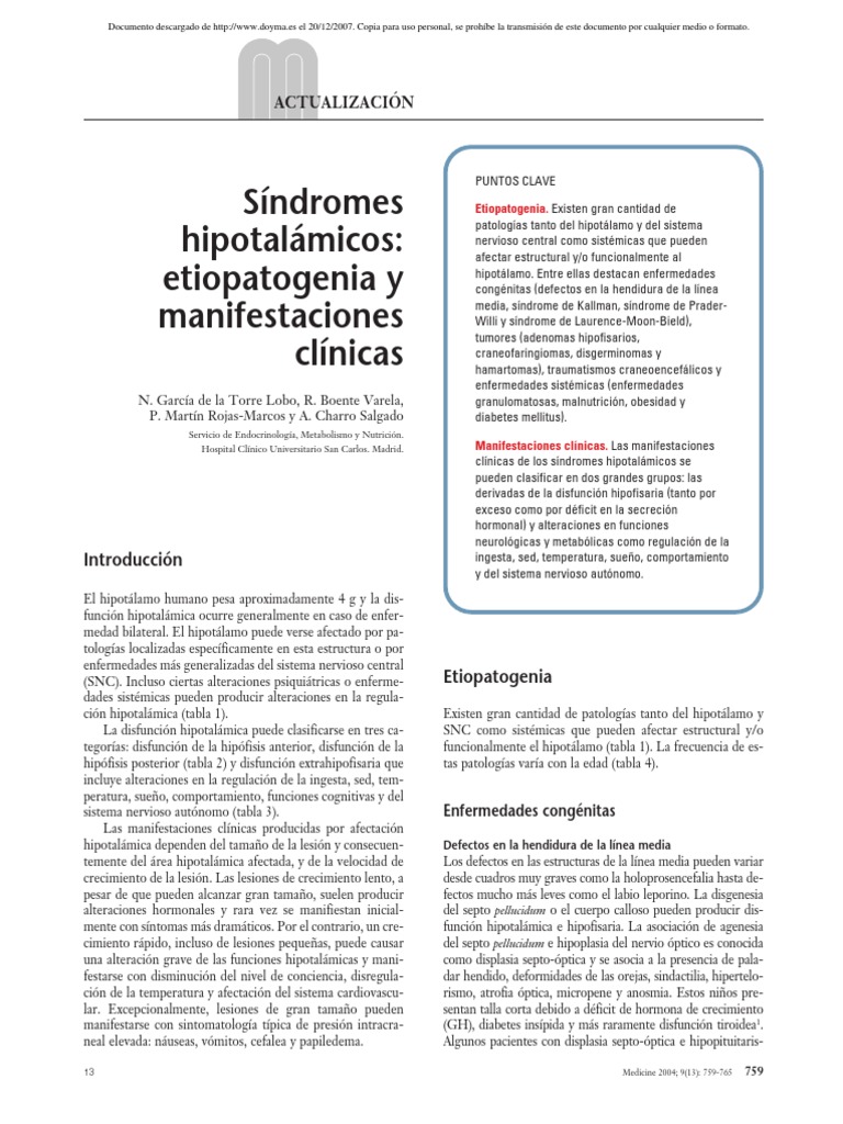 02.001 Síndromes Hipotalámicos Etiopatogenia y Manifestaciones Clínicas | PDF | Hipotálamo ...