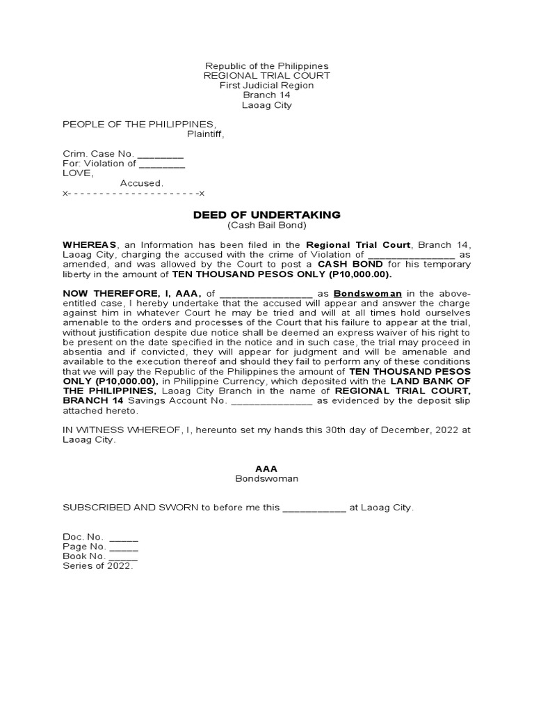 Undertaking Cash Bond | PDF