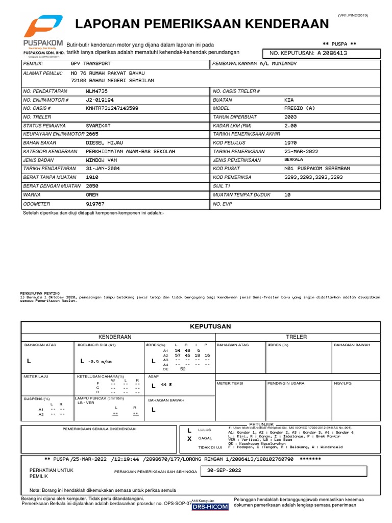Laporan Pemeriksaan Kenderaan | PDF