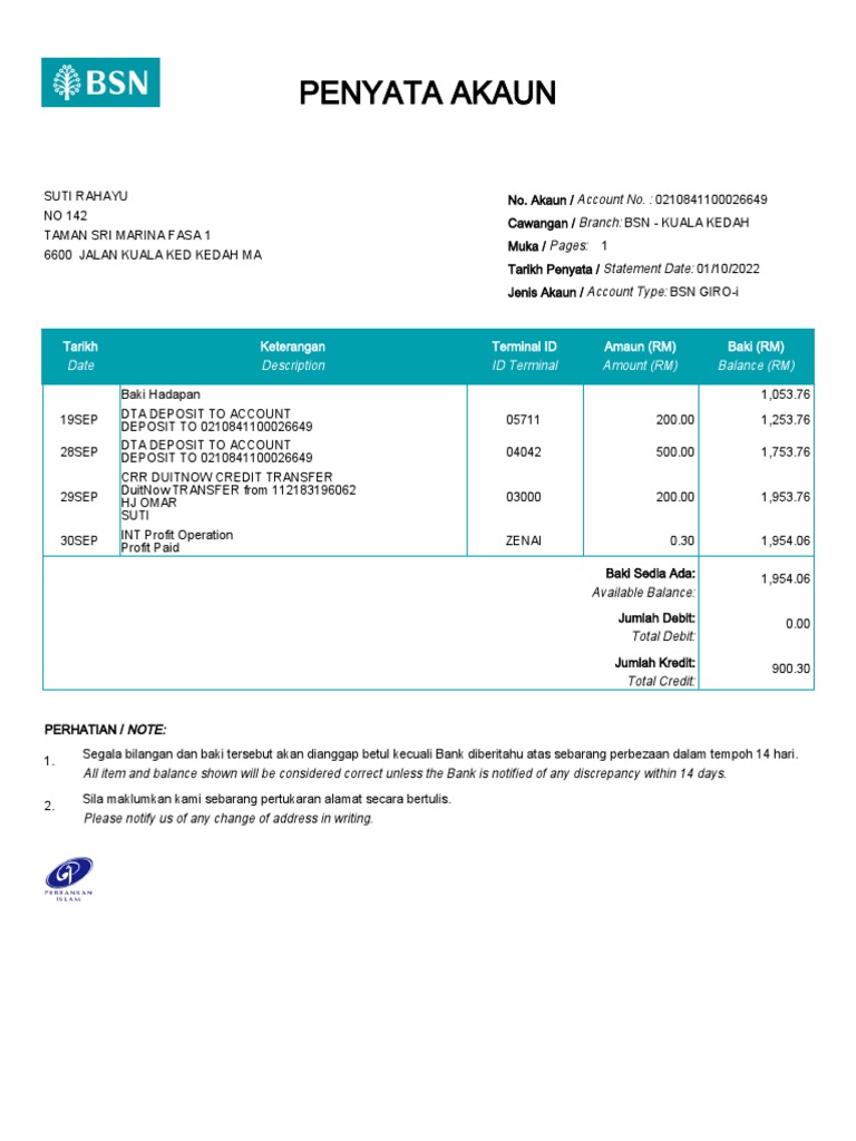 Penyata Akaun: Tarikh Date Keterangan Description Terminal ID ID Terminal Amaun (RM) Amount (RM ...