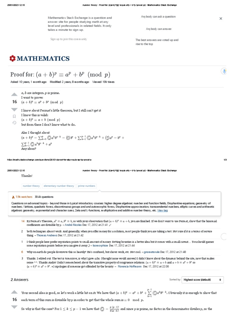 Number Theory - Proof For - $ (A+b) (P) - Equiv A P + B P - Pmod P$ - Mathematics Stack Exchange ...