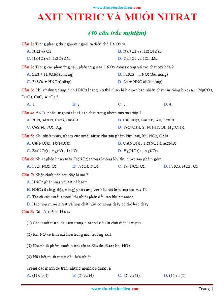 Trac Nghiem AXIT NITRIC VÀ MUOI NITRAT | PDF