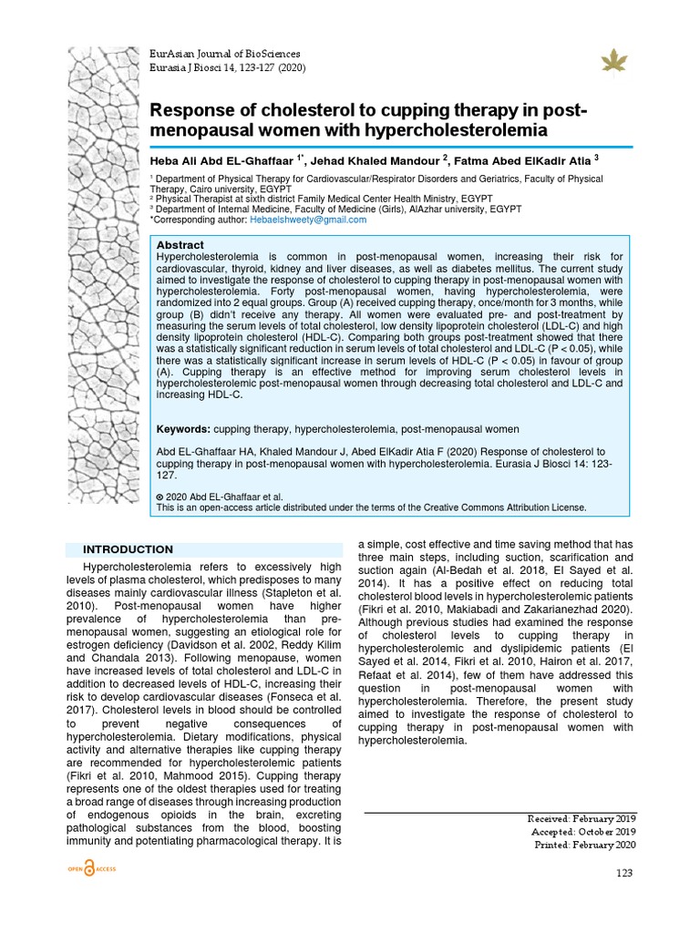 Response of Cholesterol To Cupping Therapy in Post-Menopausal Women With Hypercholesterolemia ...