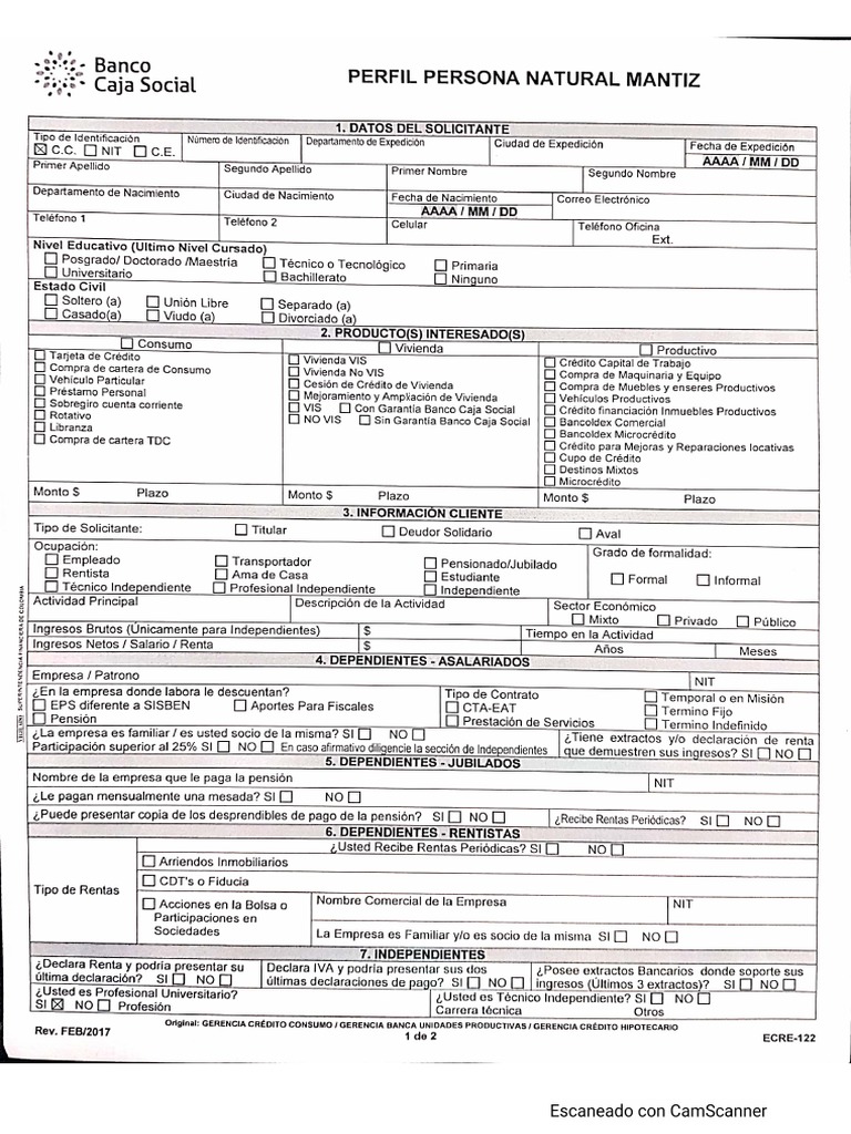 BANCO CAJA SOCIAL-Formato-Persona-Natural-INDEPENDIENTES-ECRE-122 | PDF