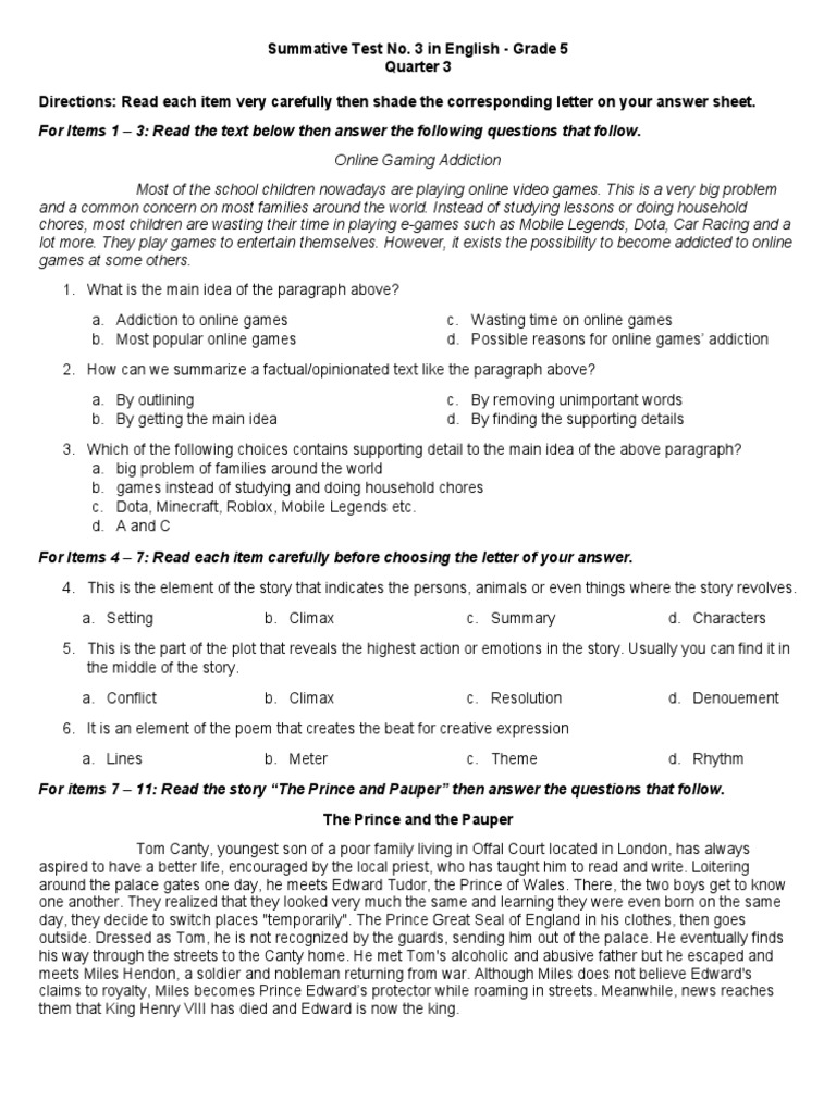 Summative Test 2 Q3 - Printing | PDF | The Prince And The Pauper