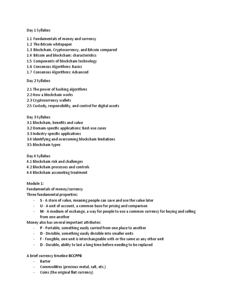 Day 1-4 Blockchain Course Syllabus | PDF | Cryptocurrency | Bitcoin