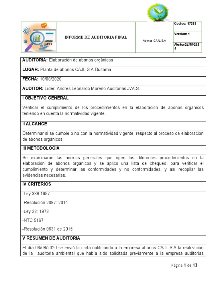 Informe Final Auditoria | PDF | Auditoría | Contralor