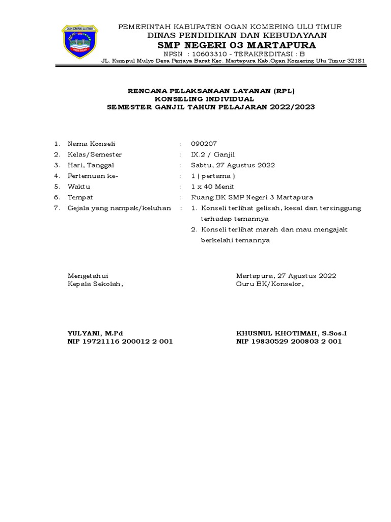 RPL Dan Laporan Konseling Individual Kls 9 | PDF