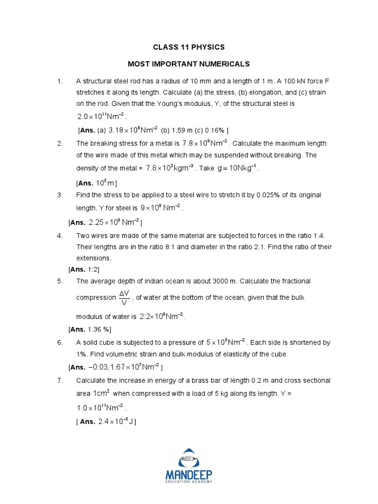 Class 11 Physics Most Important Numericals | PDF | Young's Modulus | Frequency