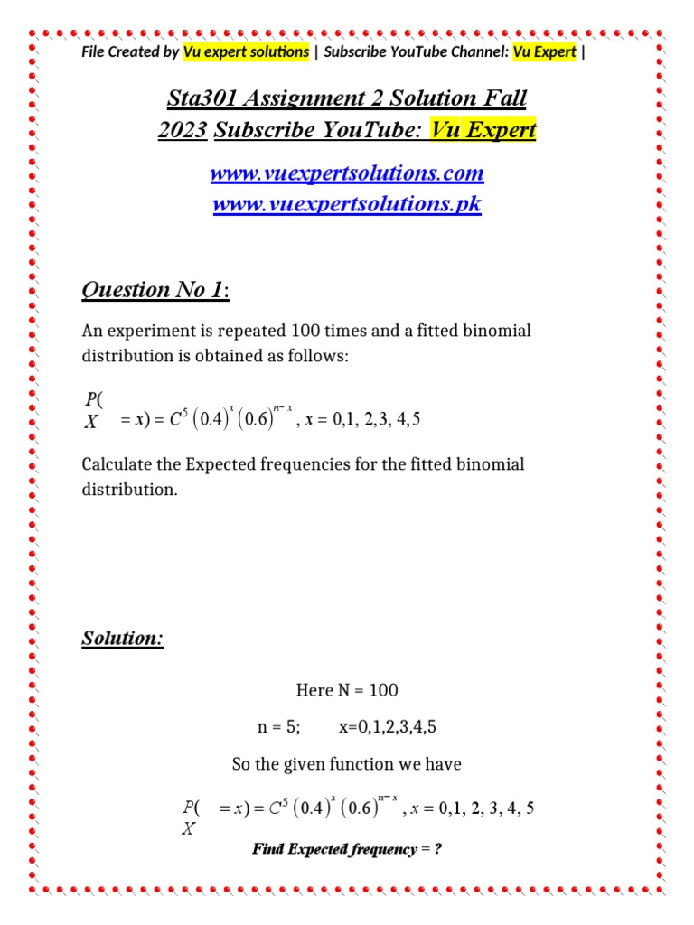 Sta301 Assign 2 Sol Fall 2023 Vu Expert Solutions | PDF | Mean | Variance
