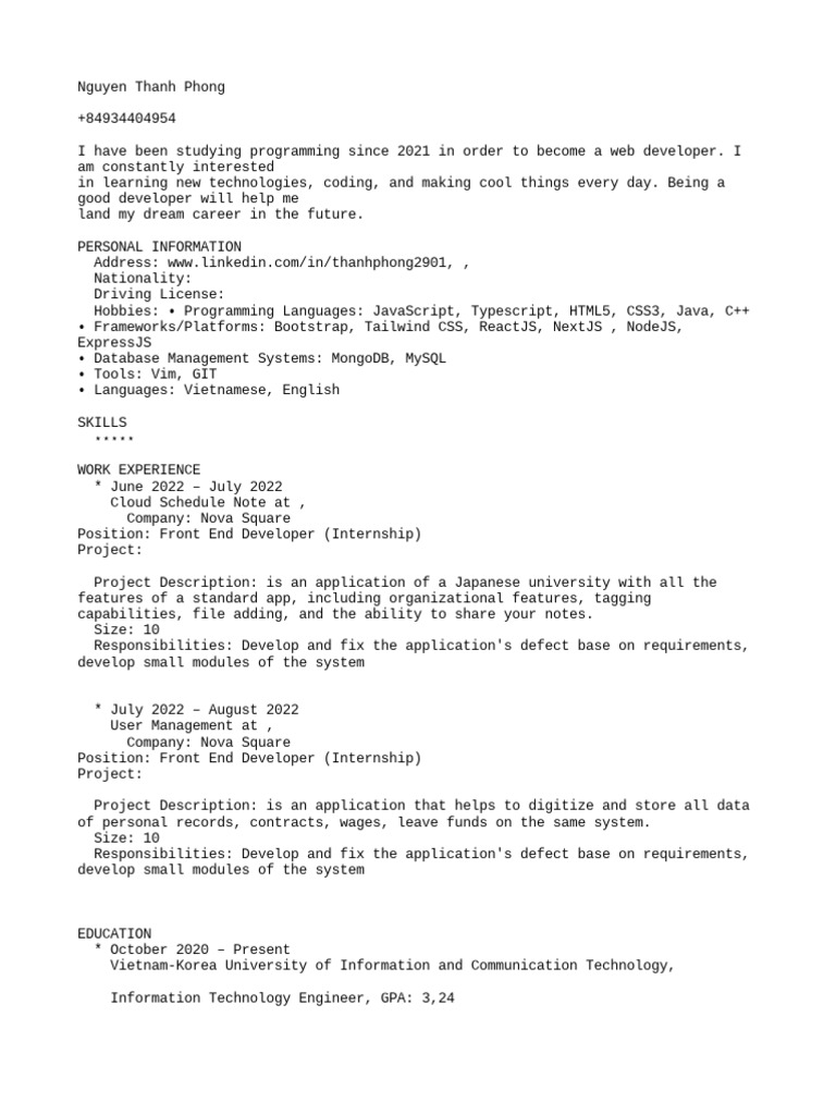 Nguyễn Thanh Phong - Resume | PDF