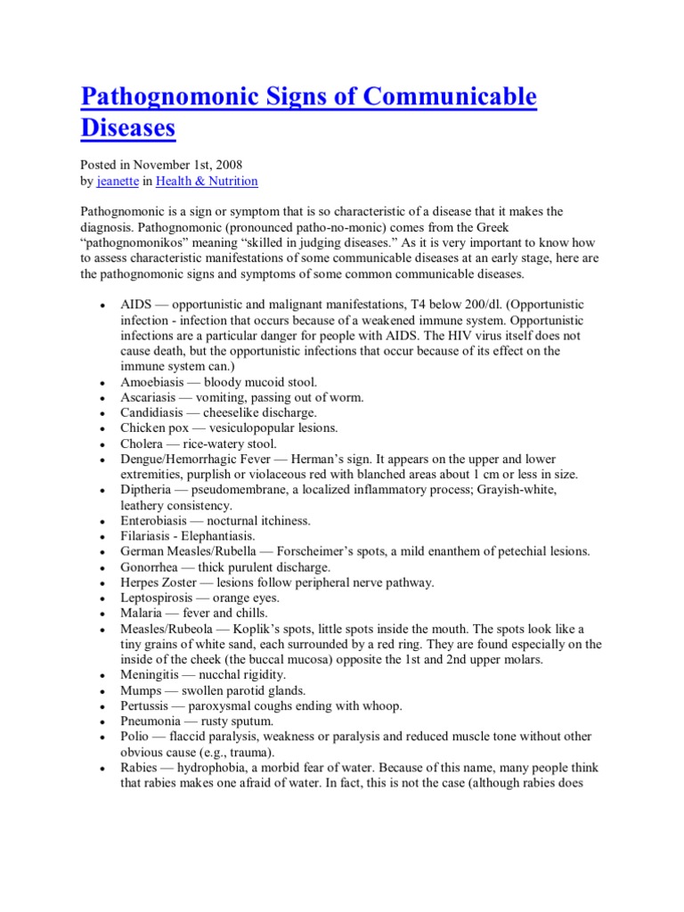 Pathognomonic Signs of Communicable Diseases