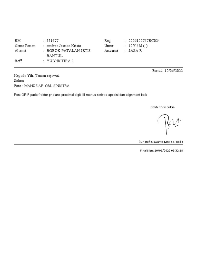 Manus Ap-Obl Sinistra: Post ORIF Pada Fraktur Phalanx Proximal Digiti ...