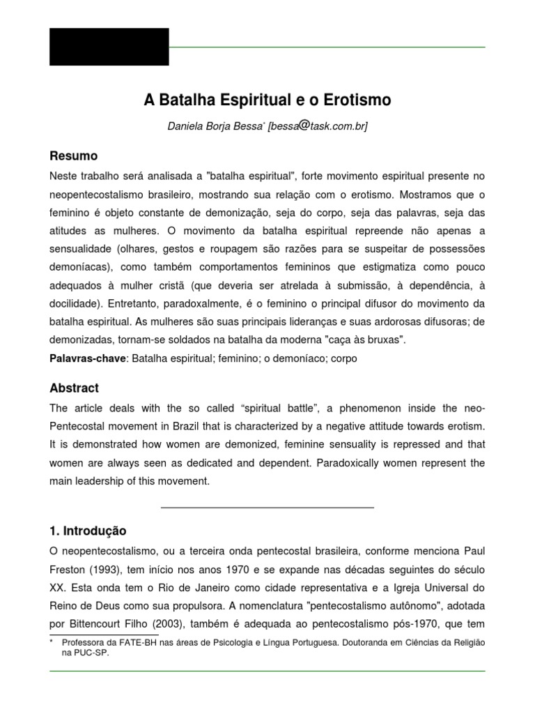 A Batalha Espiritual e o Erotismo - Daniela B.Bessa | PDF | Pentecostalismo | Feminilidade