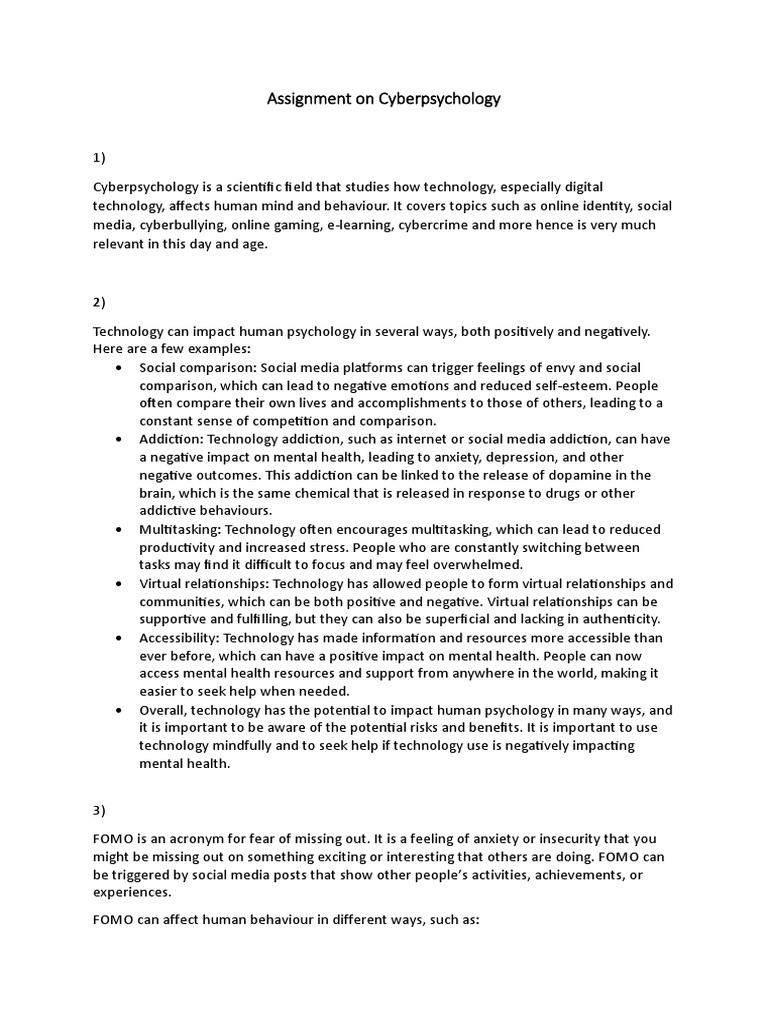 Assignment On Cyberpsychology | PDF | Mental Health | Social Media
