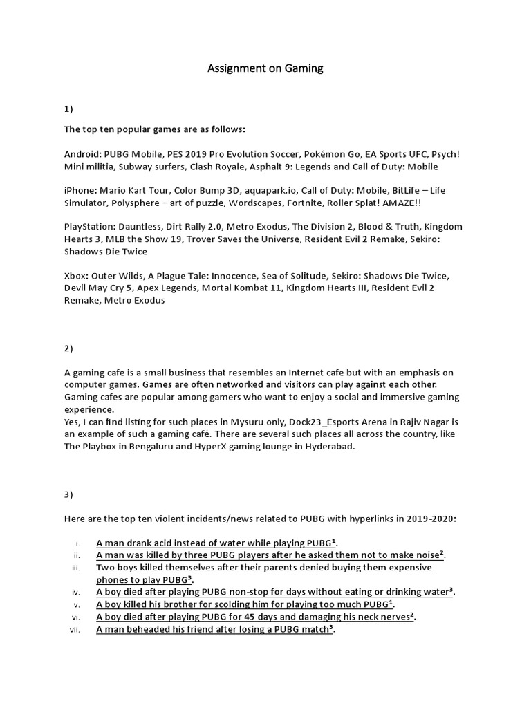 Assignment On Gaming Pdf Video Games Anxiety