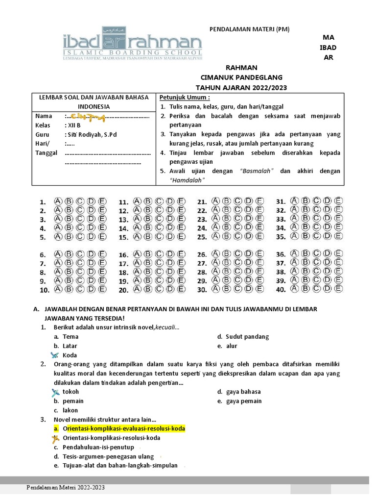 MA Ibad AR Rahman Cimanuk Pandeglang TAHUN AJARAN 2022/2023 Petunjuk Umum | PDF