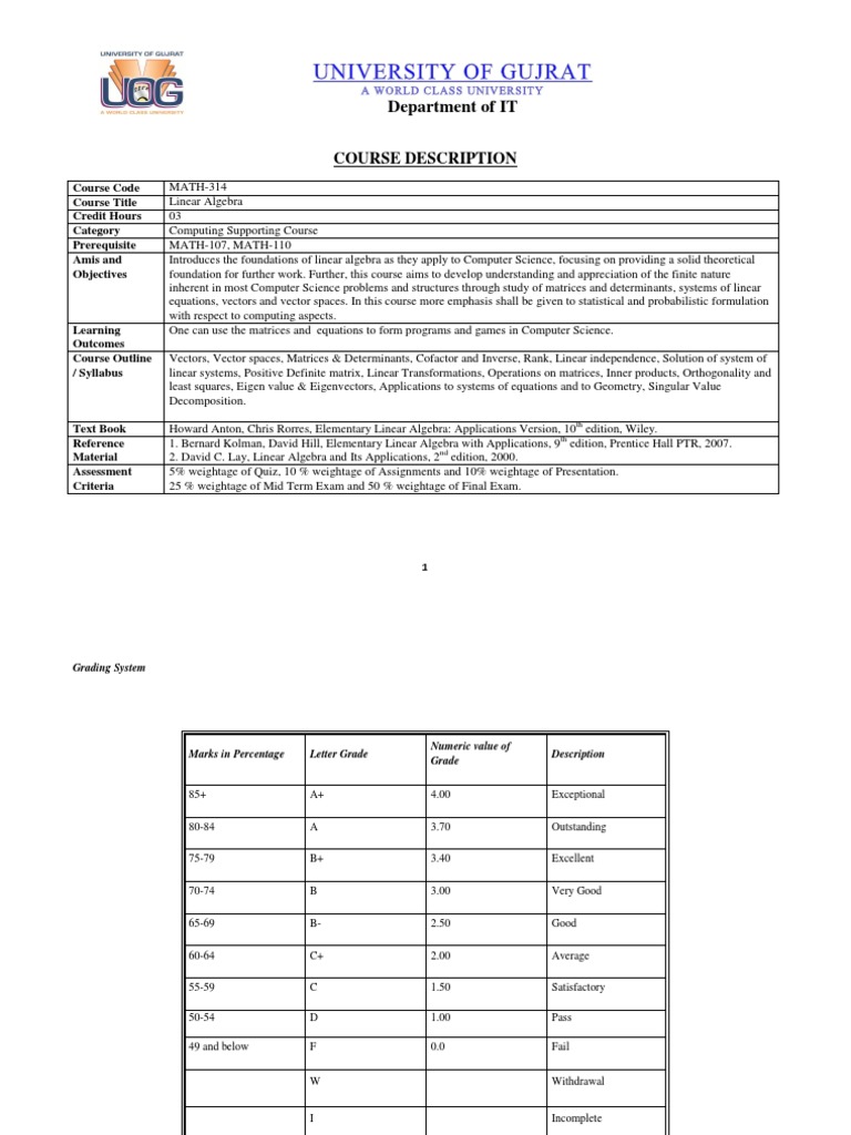 MATH-314 Linear Algebra Course Outlines | PDF | Matrix (Mathematics) | Linear Algebra
