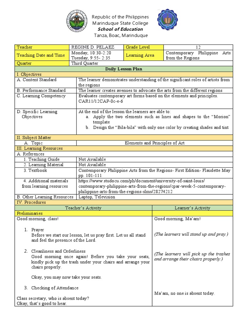 Elements and Principles of Art Lesson Plan | PDF | Learning | Lesson Plan