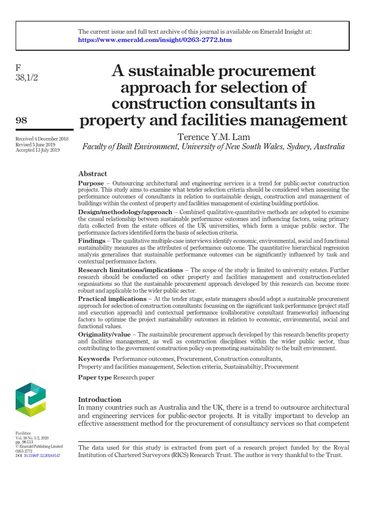 A Sustainable Procurement Approach For Selection of Construction Consultants in Property and ...
