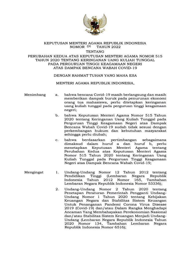 KMA 84-2022 Per-2 KMA 515-2020 Keringanan UKT PTKN Dampak Covid-19 | PDF