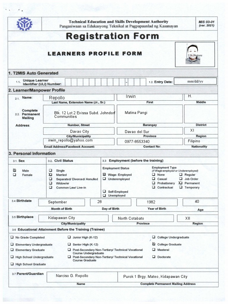 TESDA DPA Form 1 Registration Form MIS 03 01 Irwin Repollo | PDF ...