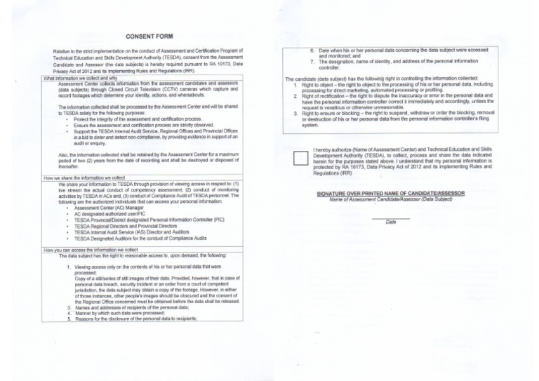 CCTV Consent Form (Tesda) | PDF