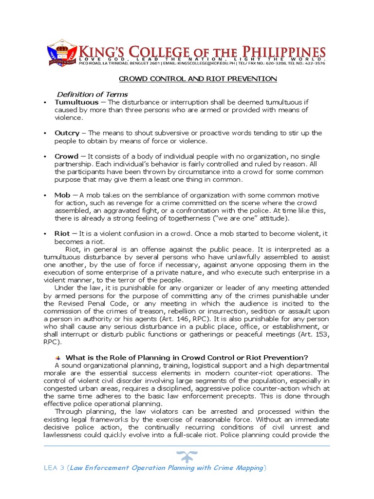 Crowd Control and Riot Prevention Definition of Terms: Lea 3 (Law ...