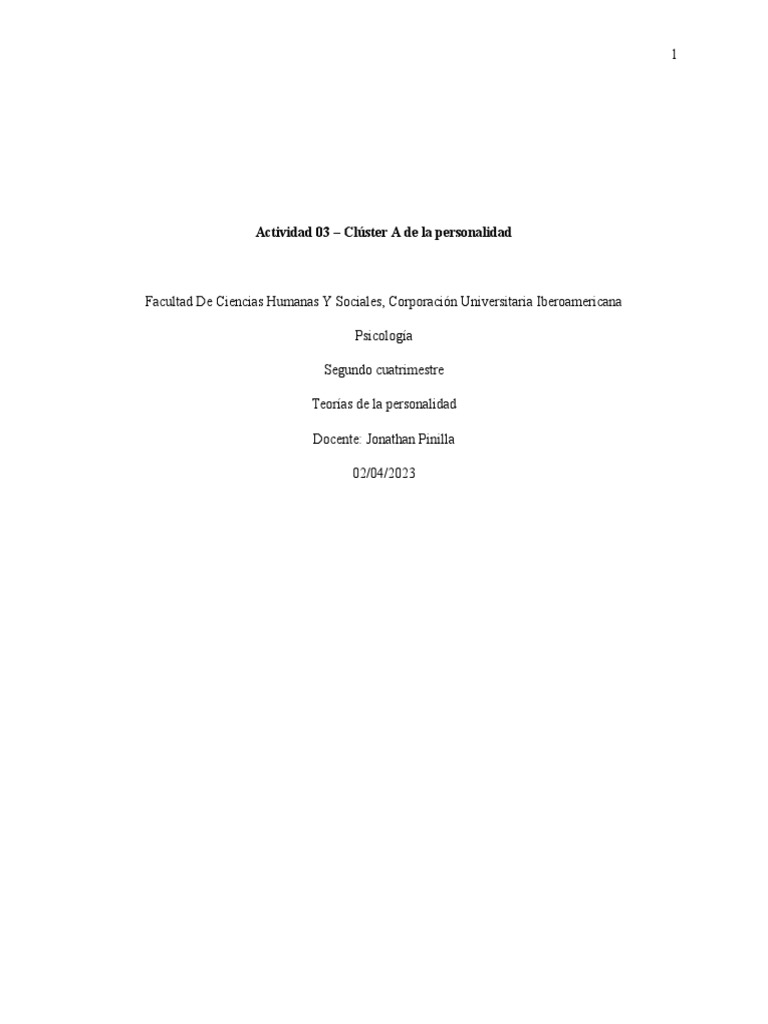 Actividad 03 - Cluster A de La Personalidad | PDF | Esquizofrenia ...