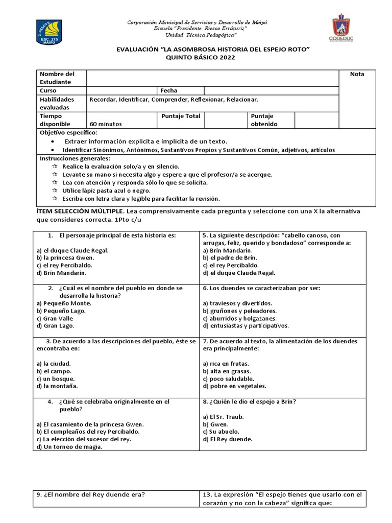 Evaluación La Asombrosa Historia Del Espejo Roto | PDF