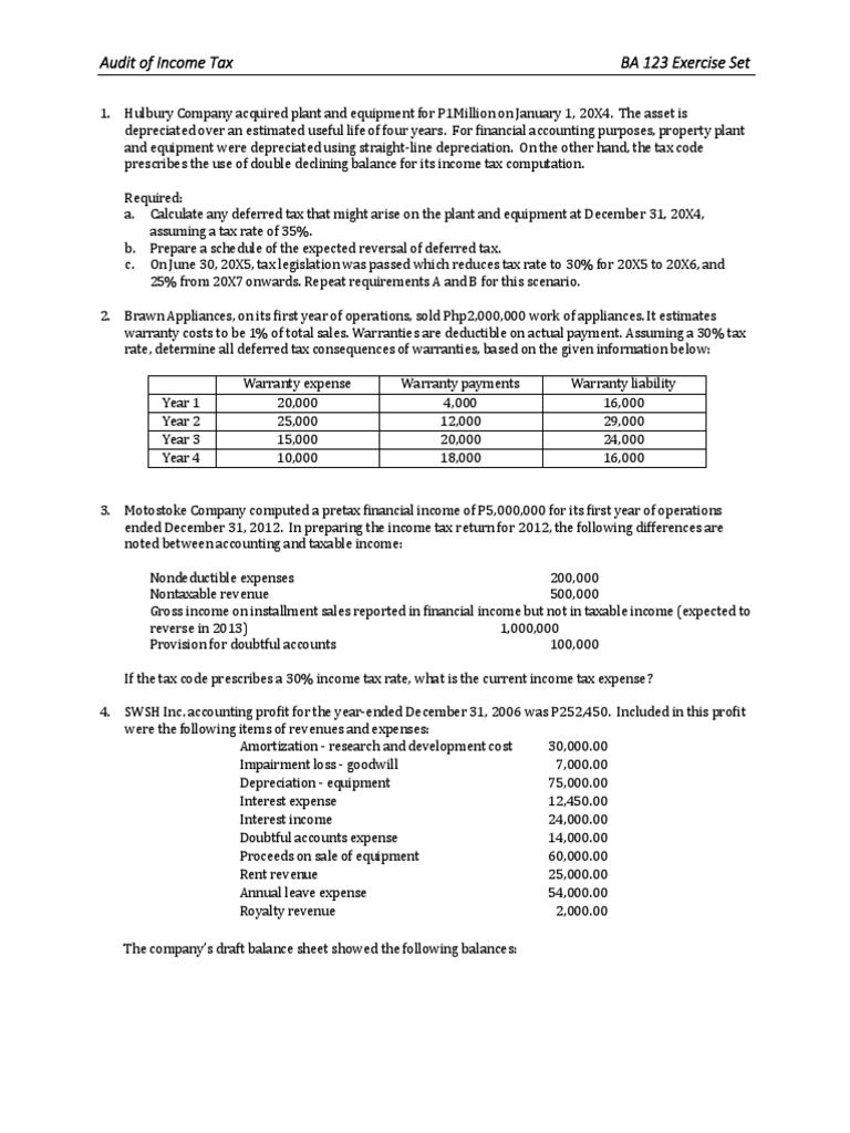 01 Audit of Income Tax Exercise Set | PDF | Expense | Deferred Tax