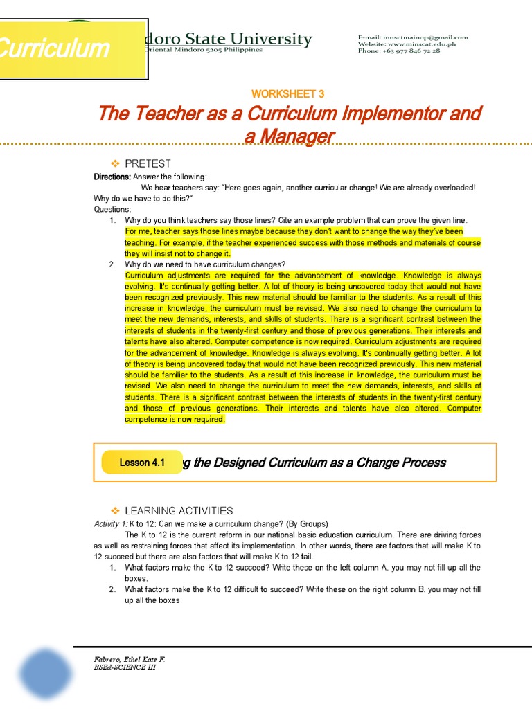 The Teacher As A Curriculum Implementor and A Manager: Worksheet 3 ...