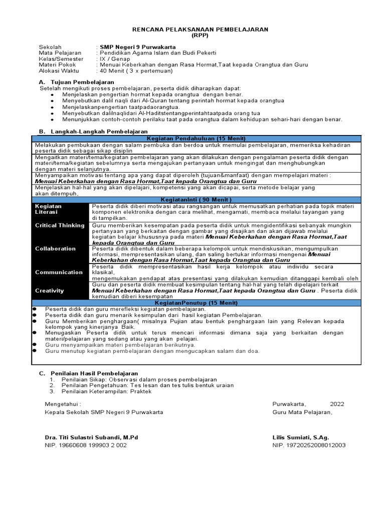 RPP 1 Lembar Kelas 9 BAB 9 | PDF